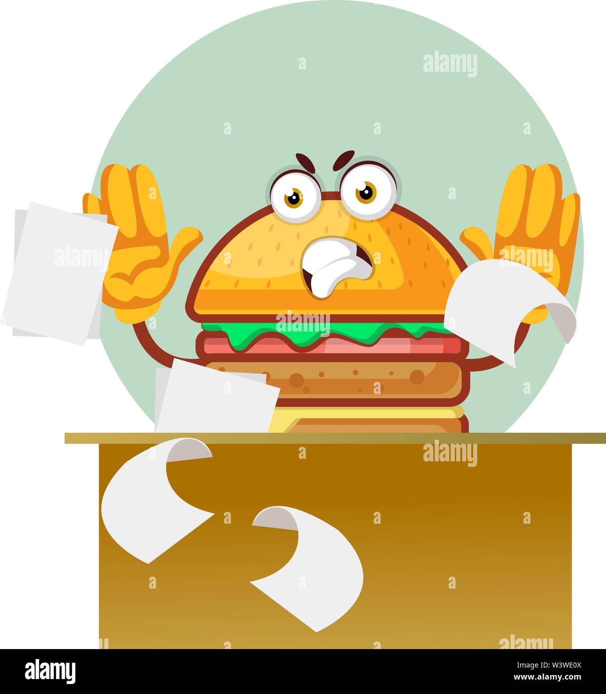 Angry burger is throwing papers off desk, illustration, vector on white ...