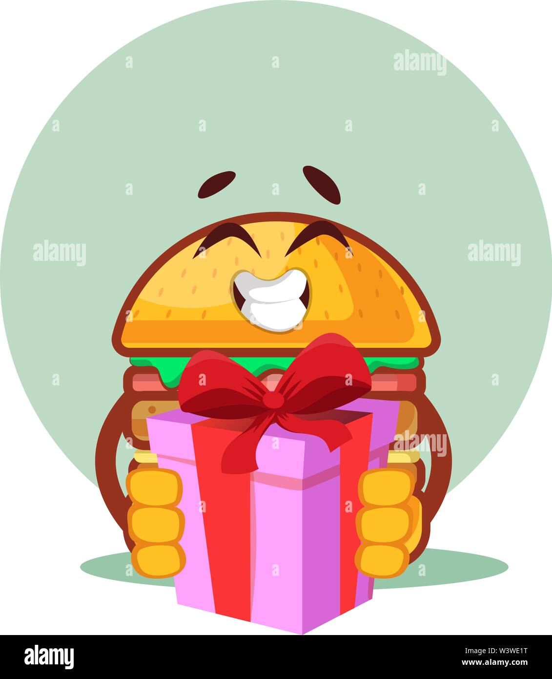 Happy burger is holding a present, illustration, vector on white ...