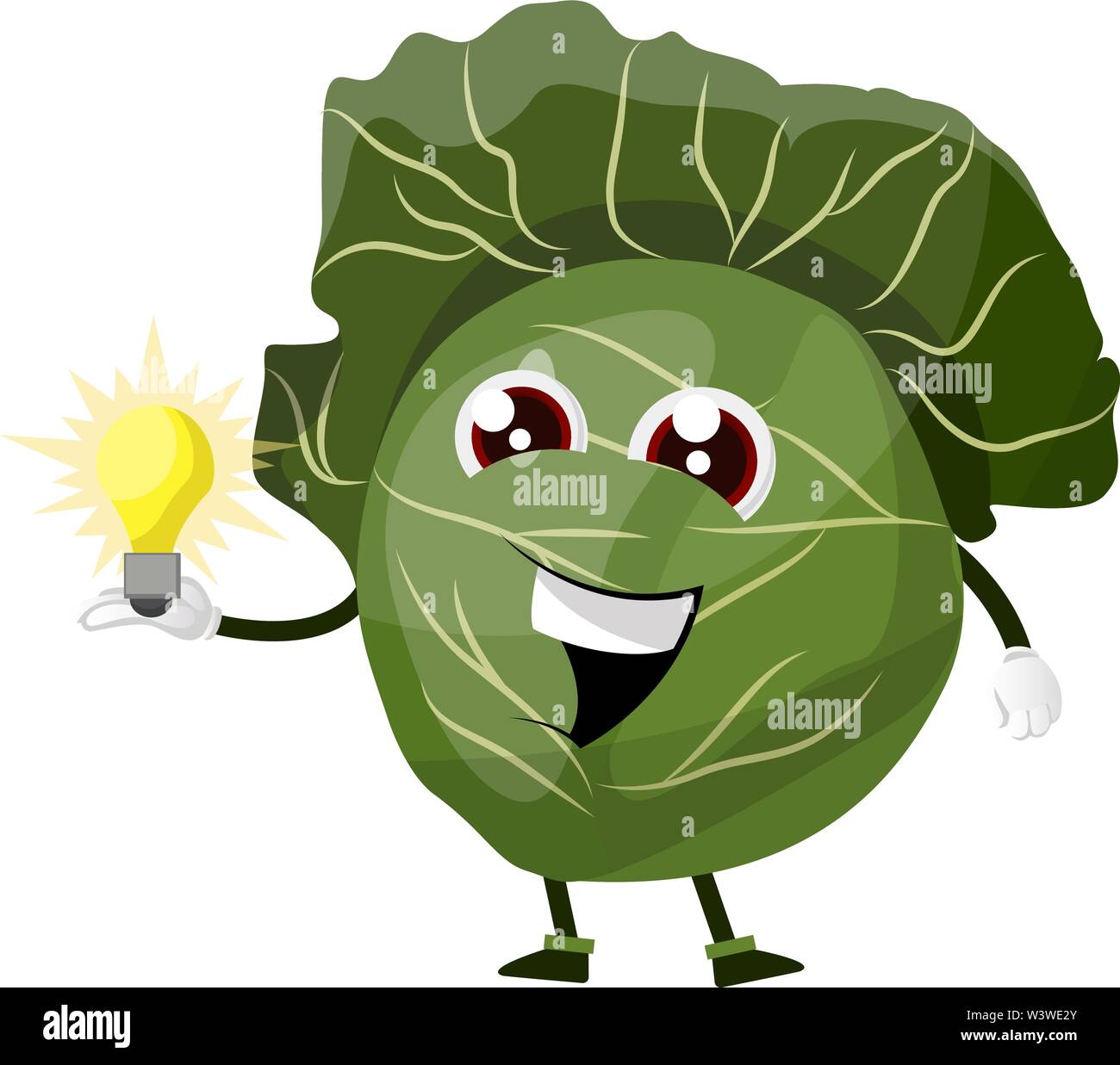 Cabbage is holding a light bulb, illustration, vector on white ...