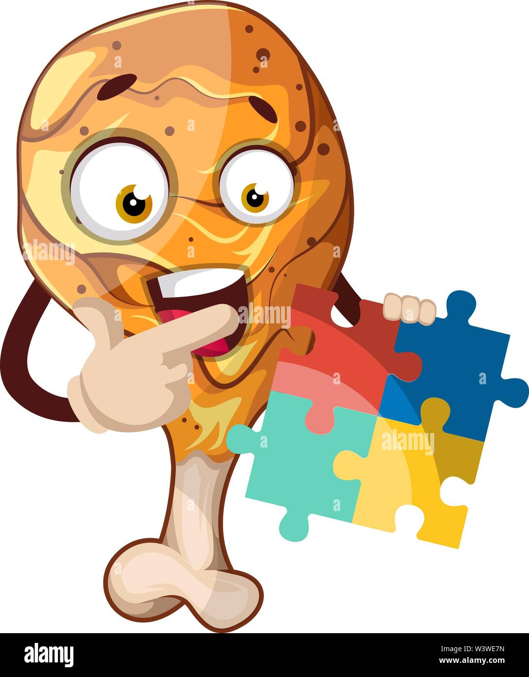 Happy chicken leg holding a puzzle, illustration, vector on white ...