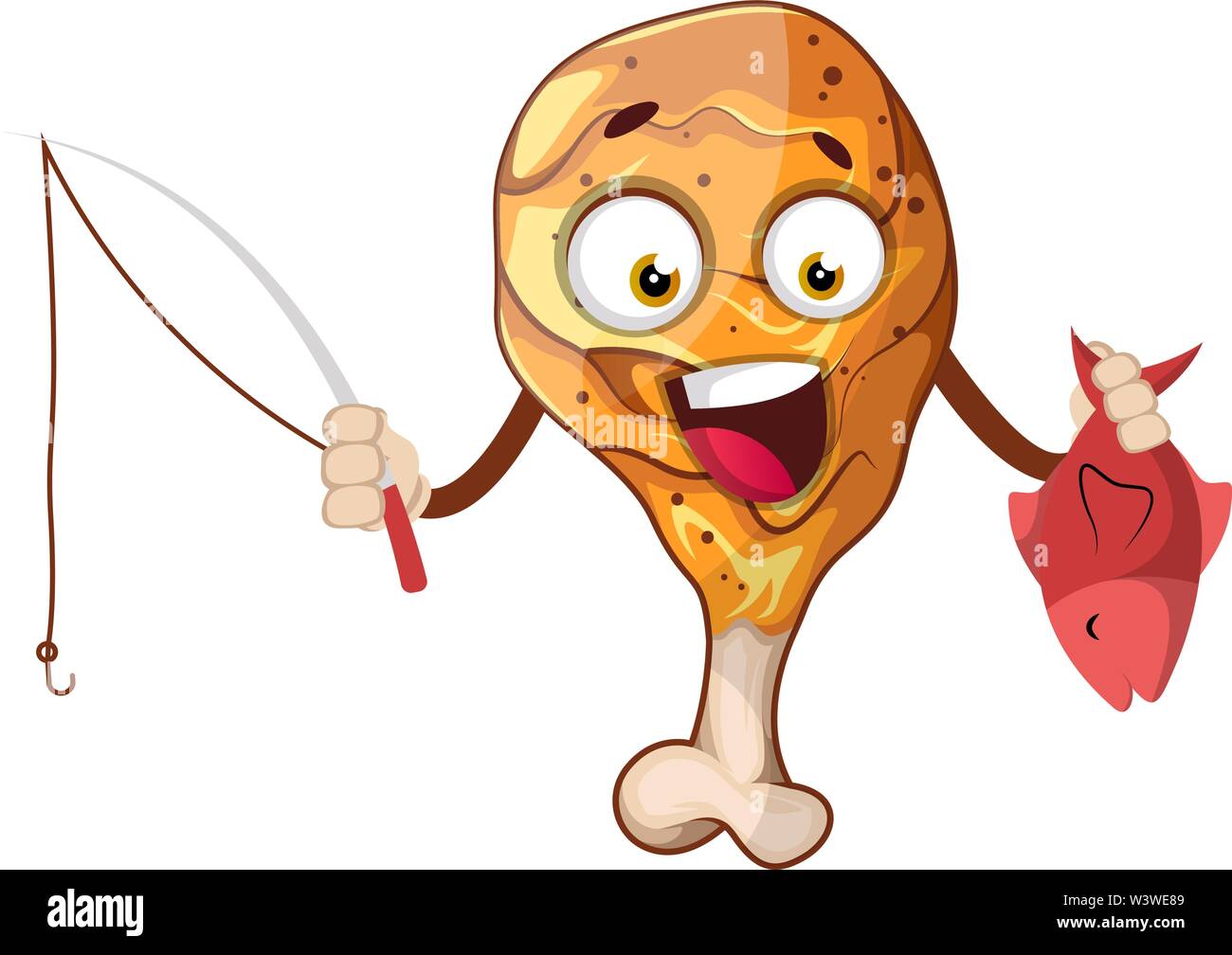 Smiling chicken leg catch a fish, illustration, vector on white ...