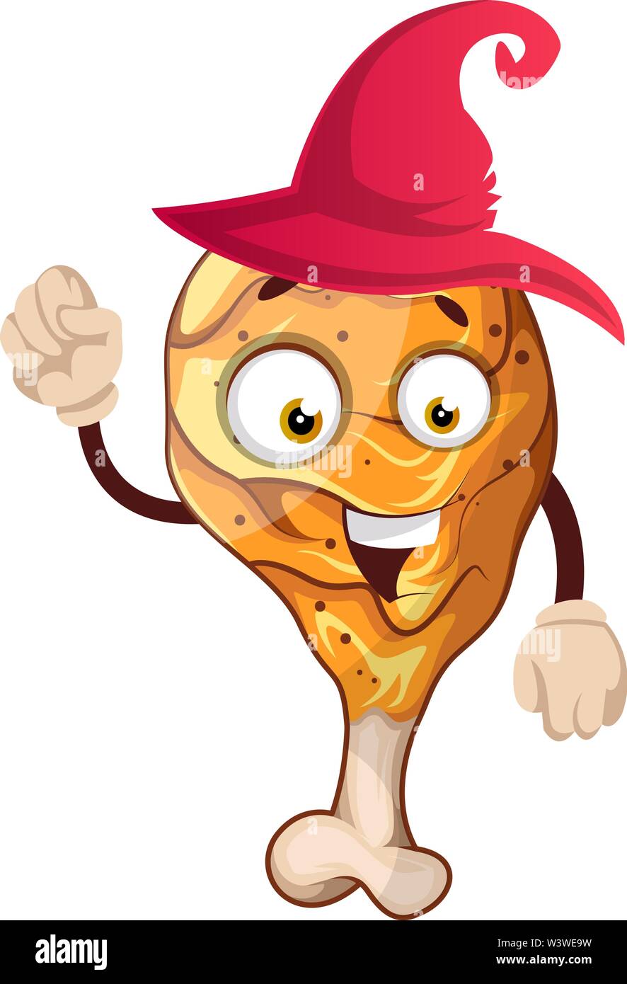Joyful chicken drumstick wearing a hat, illustration, vector on white ...