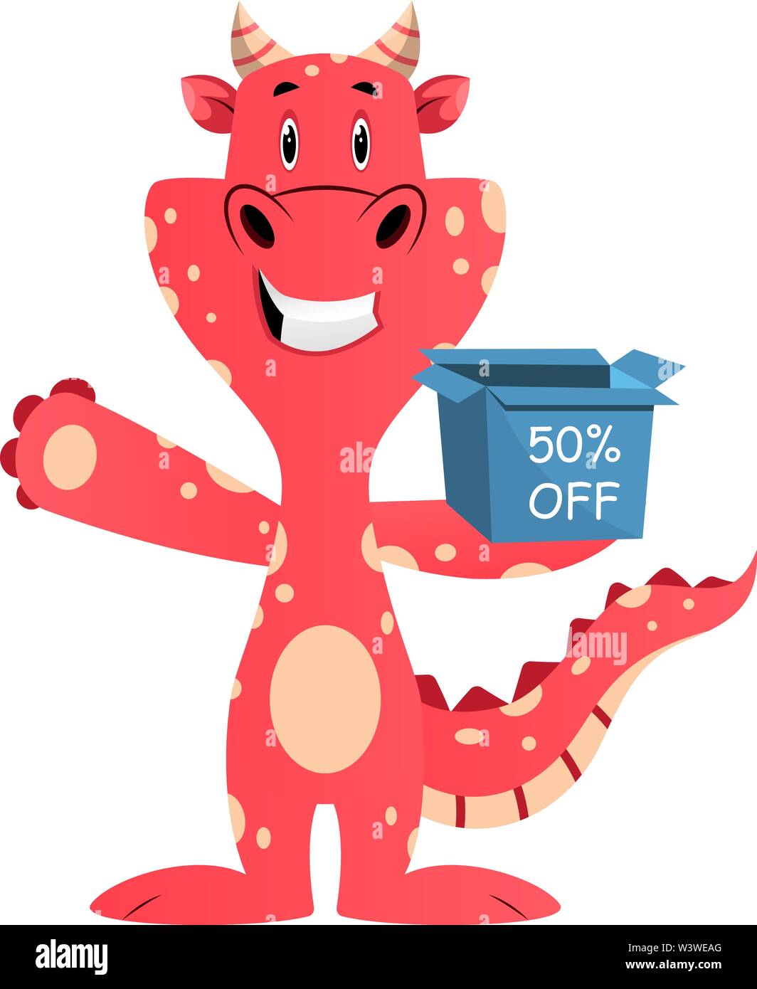 Red dragon is holding discount box, illustration, vector on white ...