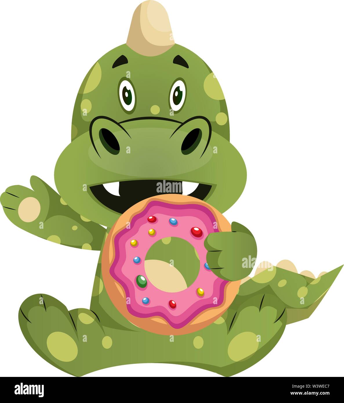 Green dragon is eating donut, illustration, vector on white background ...