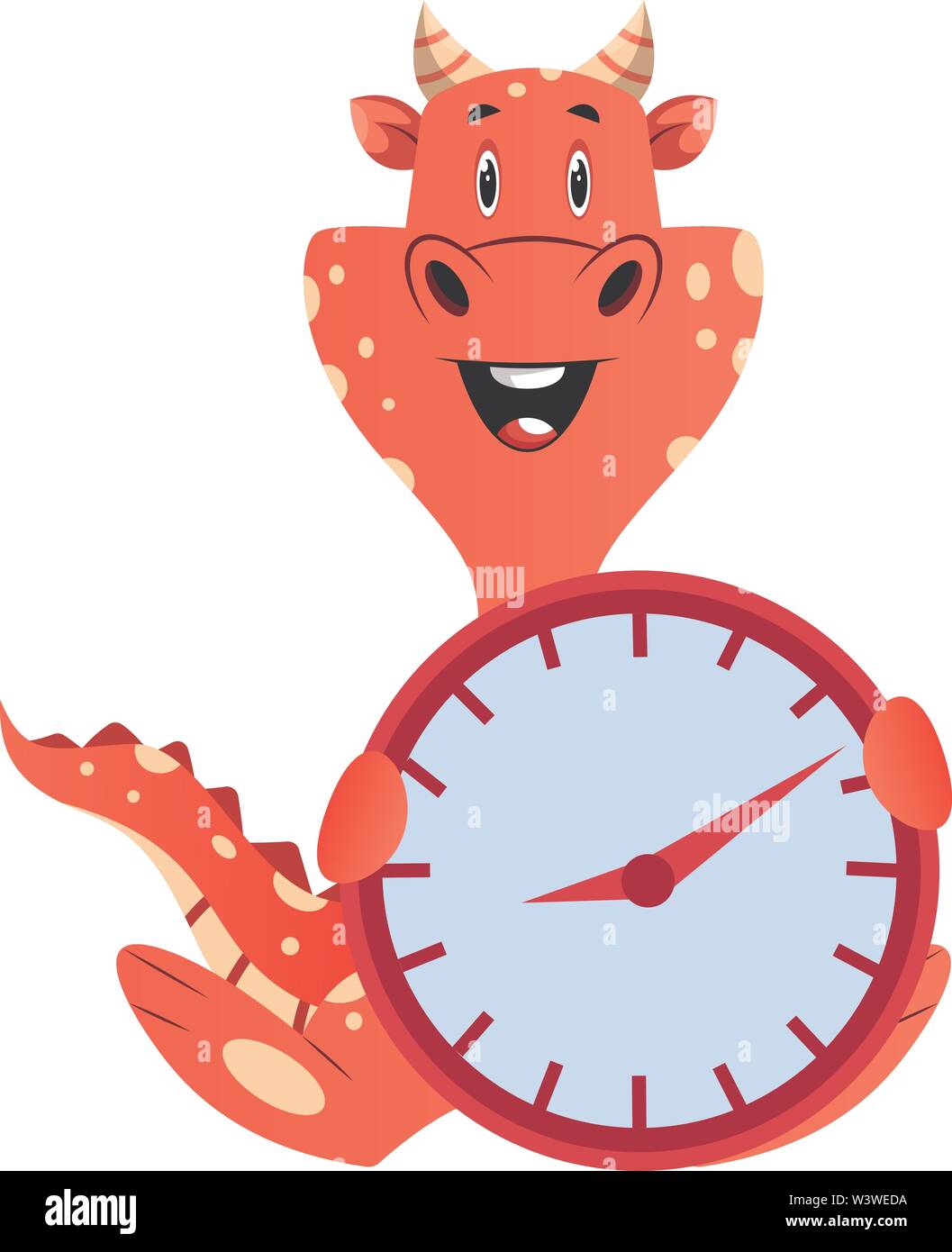 Red dragon is holding a clock, illustration, vector on white background ...
