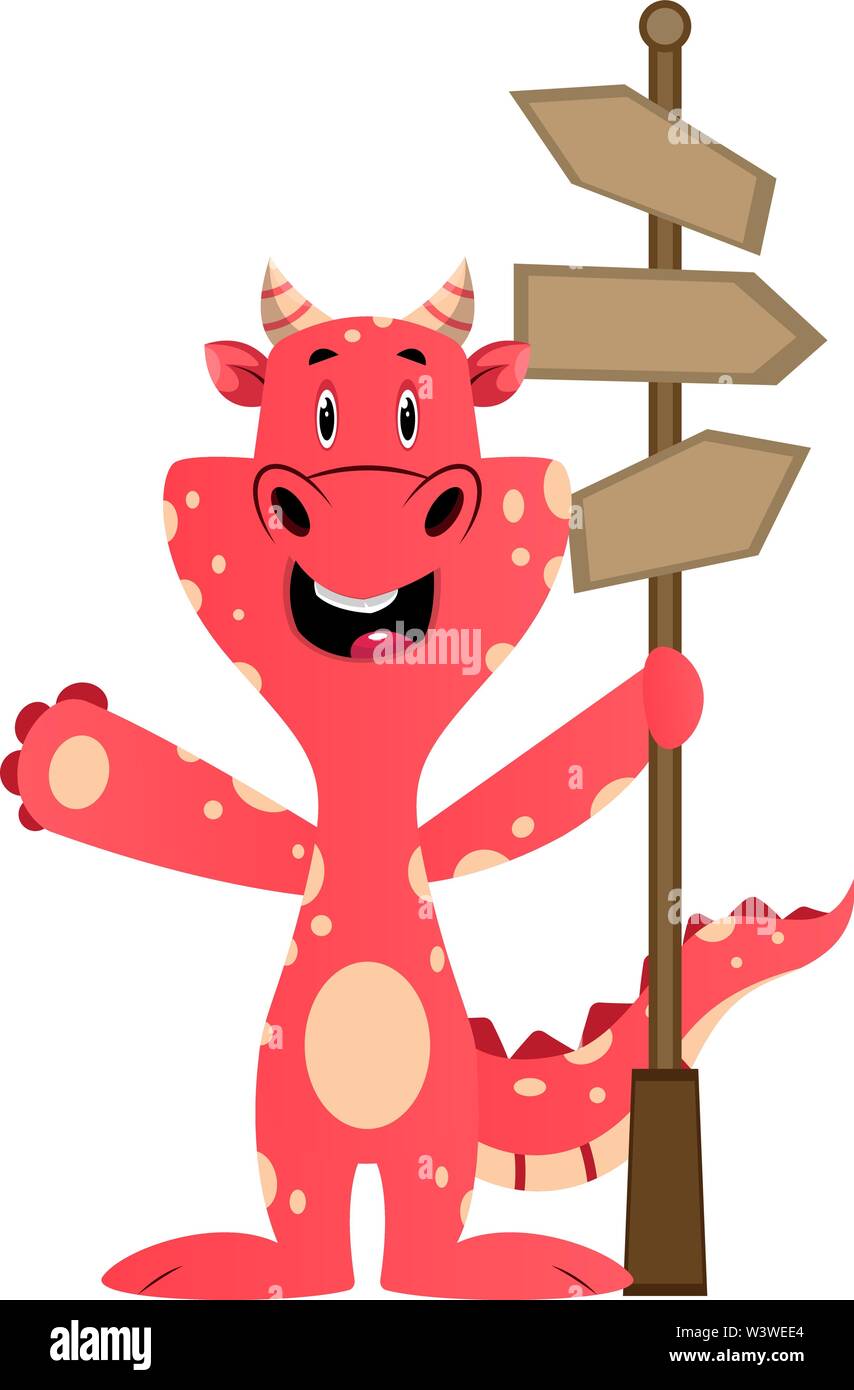 Red dragon is holding road direction sign, illustration, vector on ...