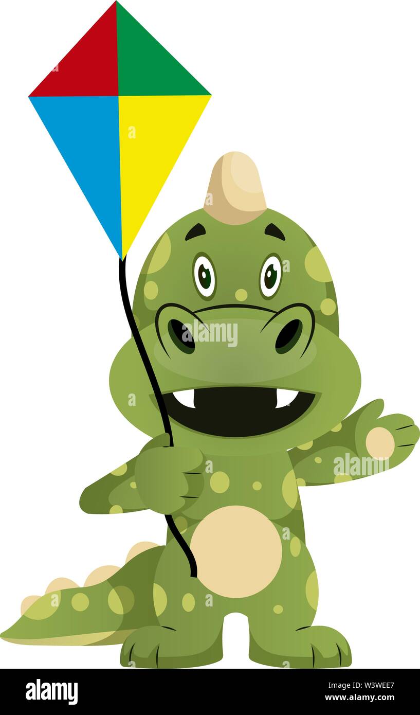 Green dragon is holding a kite, illustration, vector on white ...