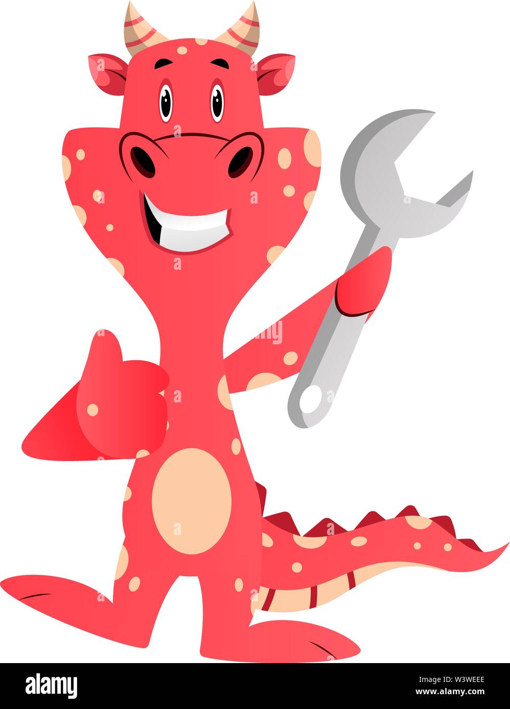 Red dragon is holding wrench tool, illustration, vector on white ...