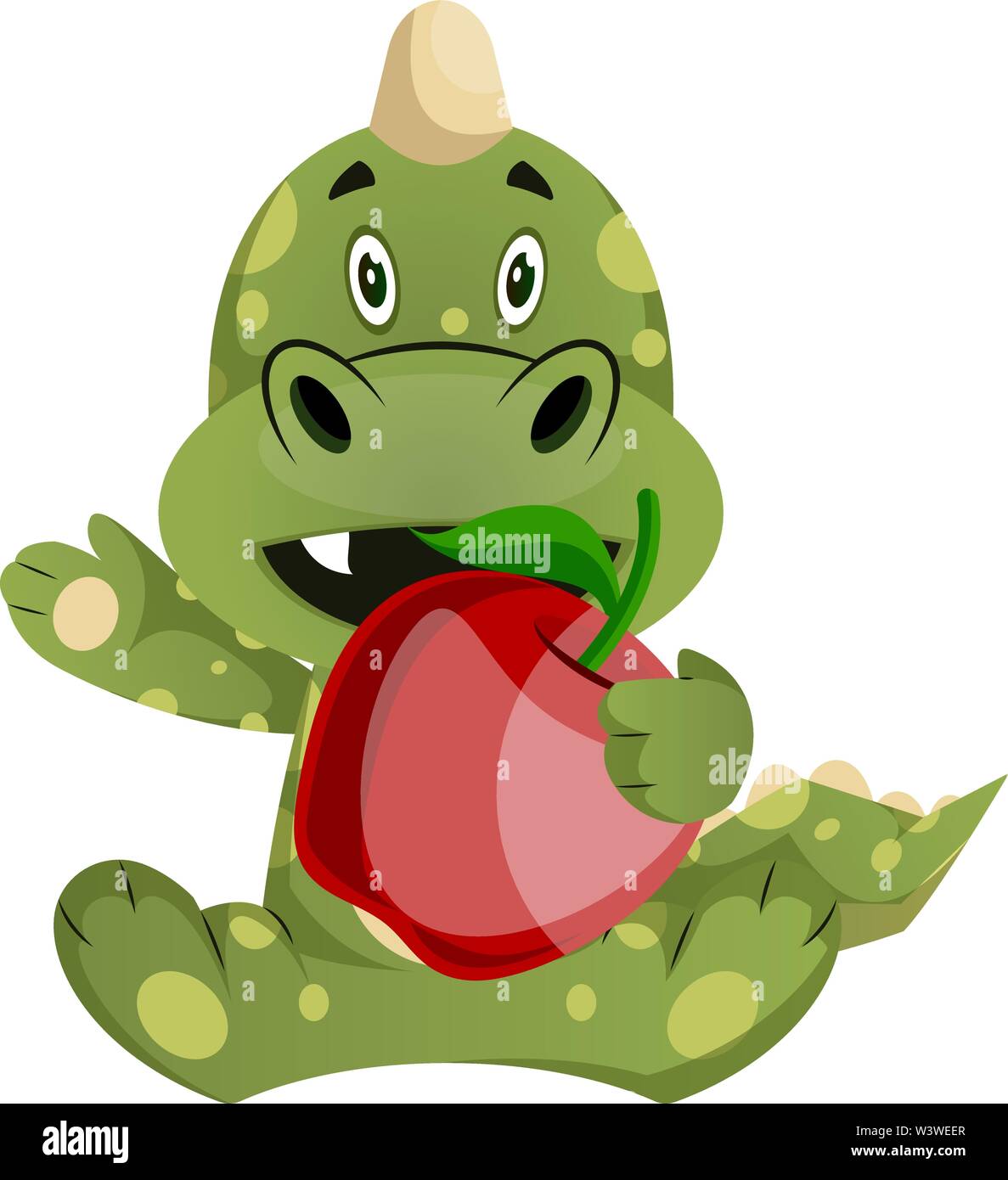 Green dragon is holding an apple, illustration, vector on white ...