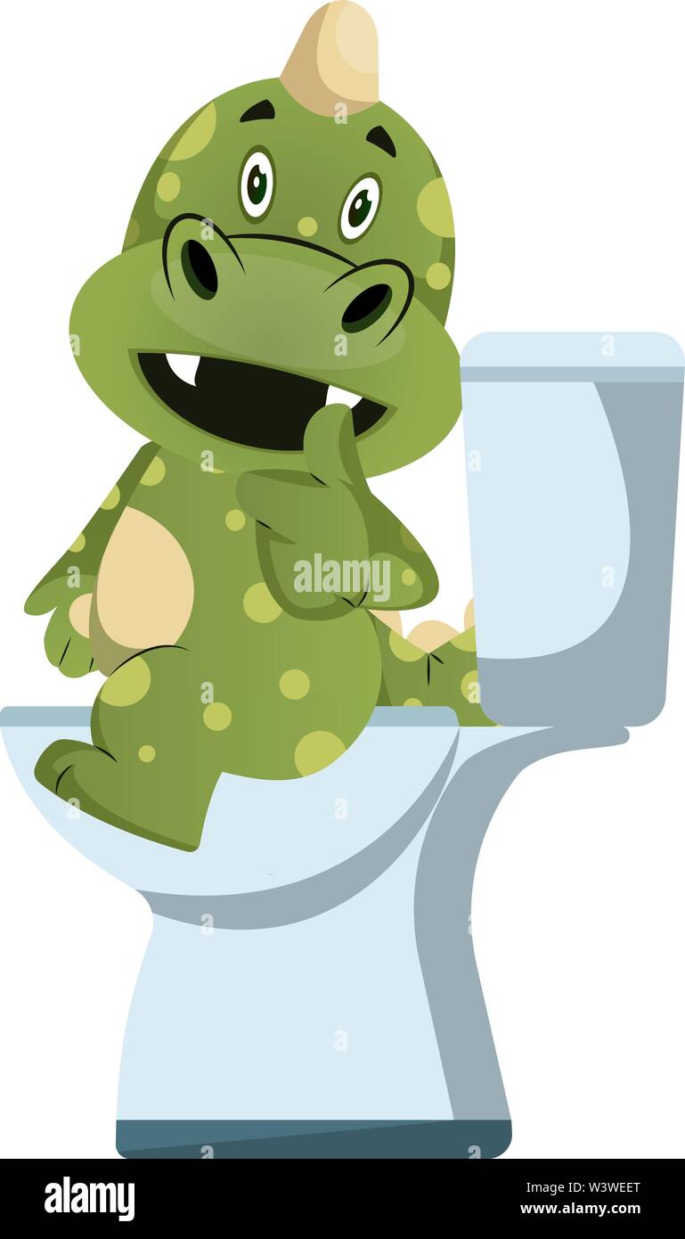 Green dragon is sitting on a toilet seat, illustration, vector on white ...