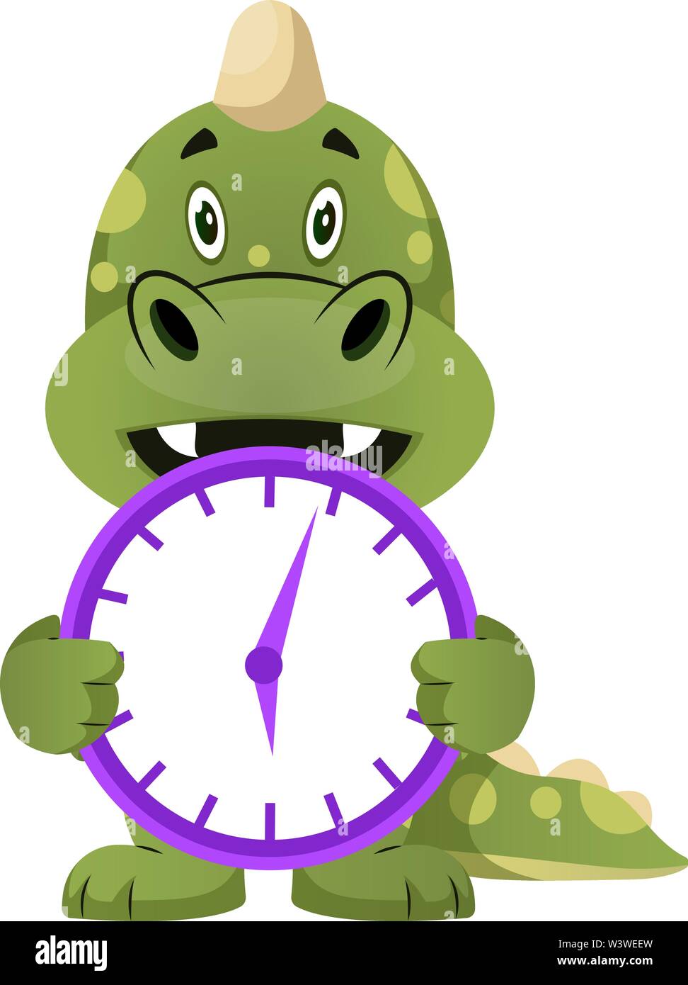 Green dragon is holding clock, illustration, vector on white background ...