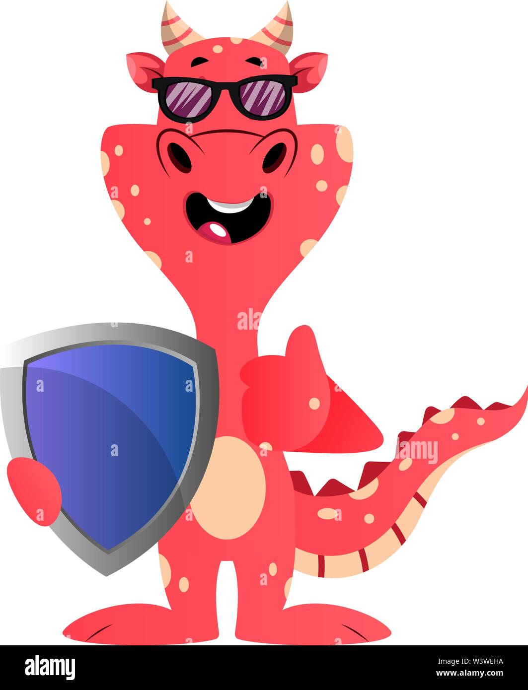 Red dragon is holding shield, illustration, vector on white background ...