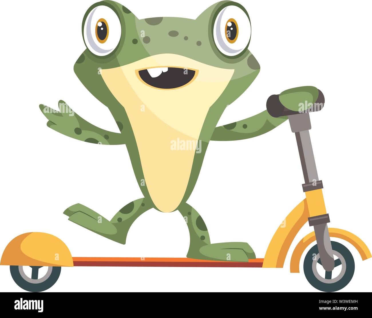 Joyful baby frog riding on a scooter, illustration, vector on white ...