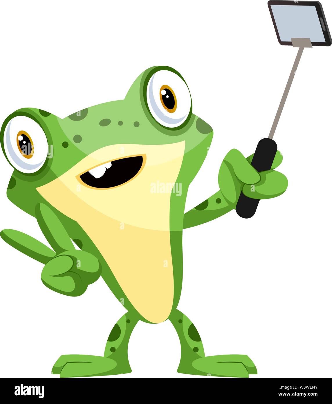 Cute, smiling baby frog, taking a selfie with a selfie stick ...