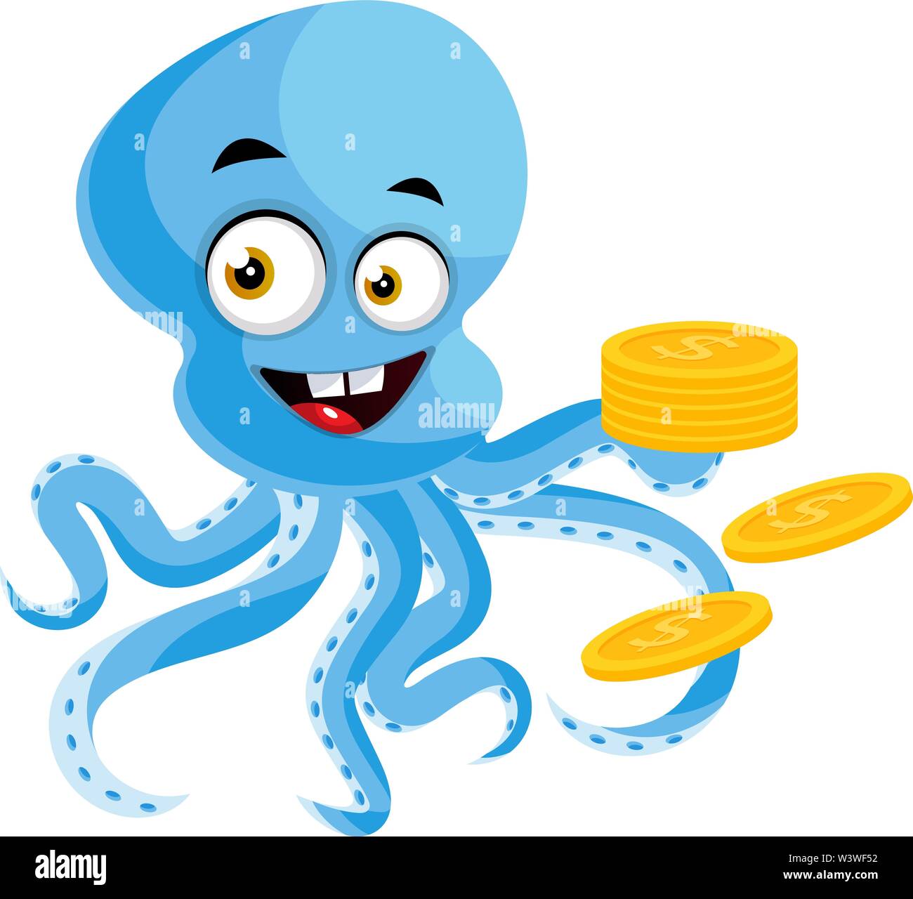 Octopus with coins, illustration, vector on white background Stock ...