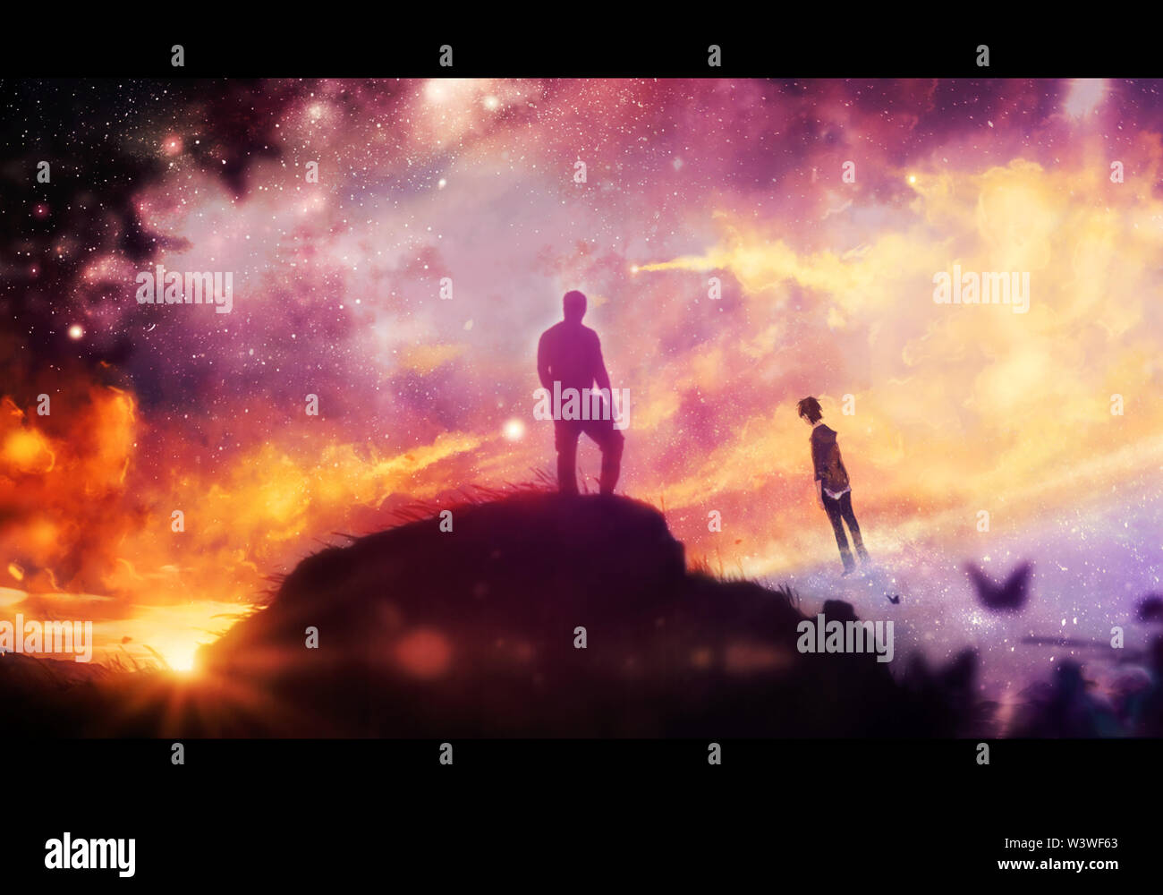 Abstract artistic two young man from different dimensions seeing each ...