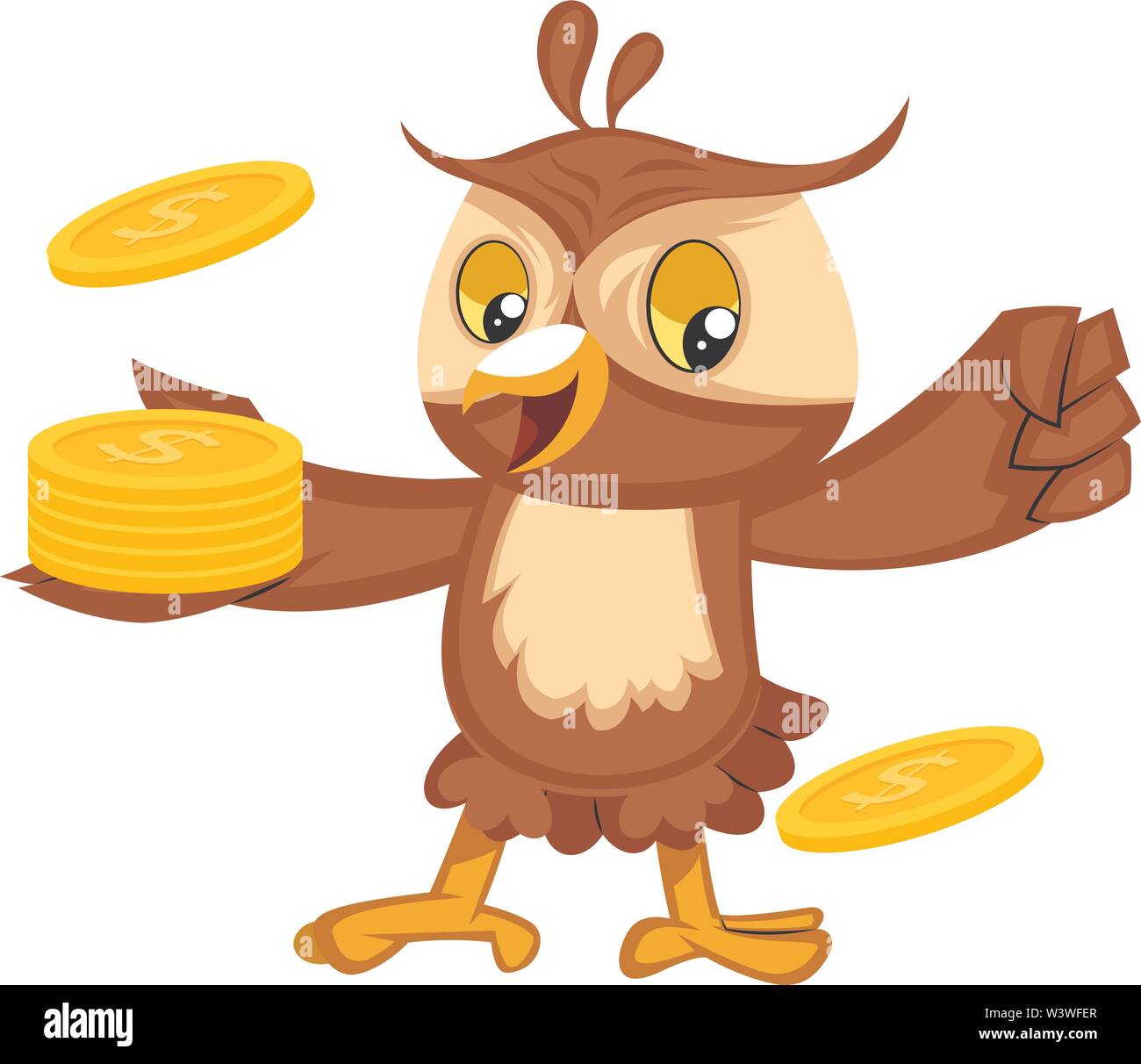 Owl with coins, illustration, vector on white background Stock Vector ...