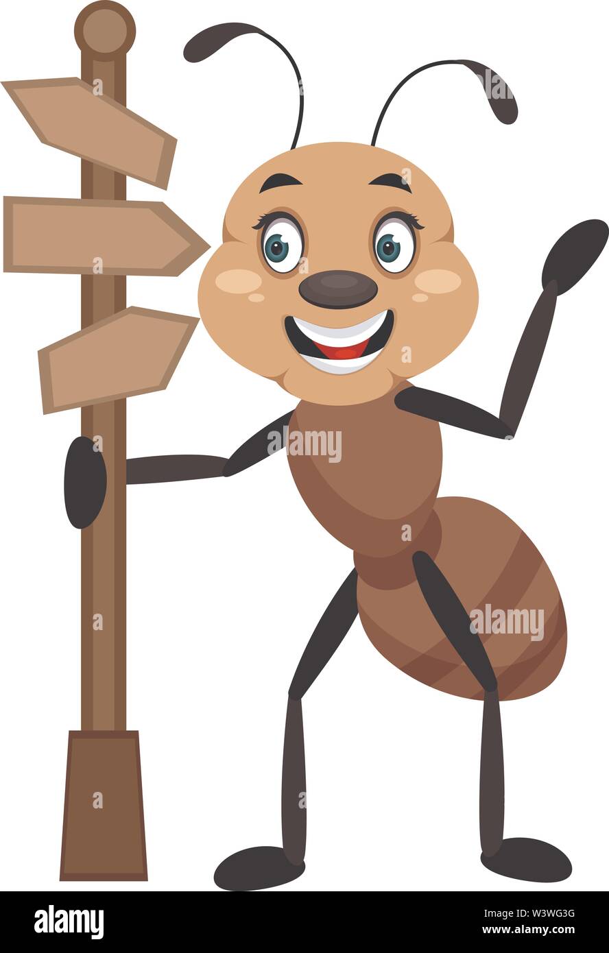 Ant with road sign, illustration, vector on white background Stock ...