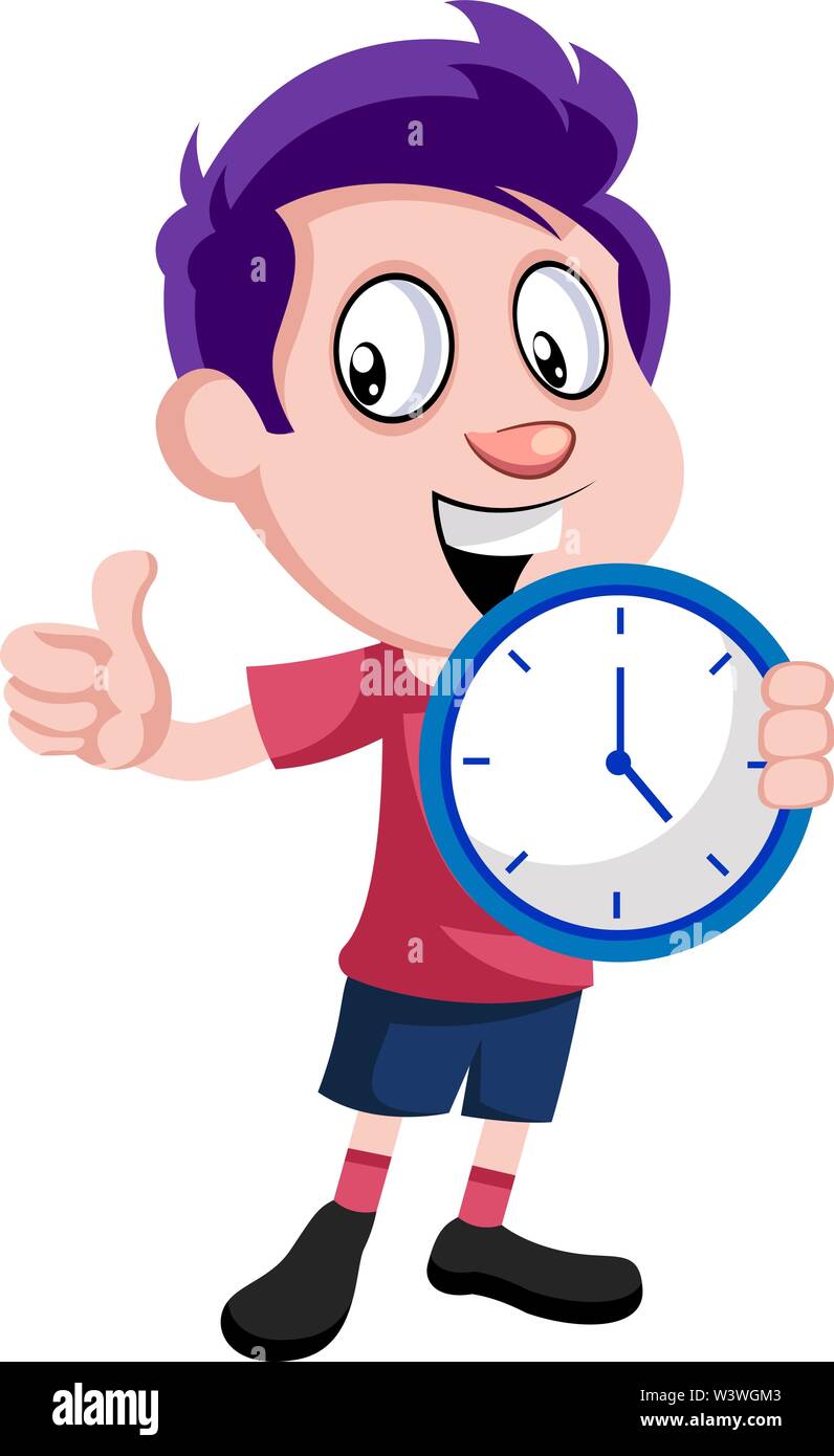 Boy holding clock, illustration, vector on white background Stock ...