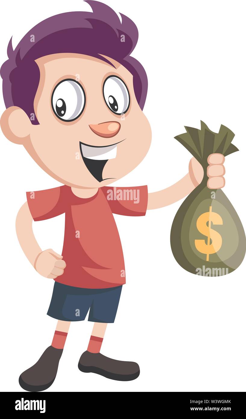 Boy with bag of money, illustration, vector on white background Stock ...