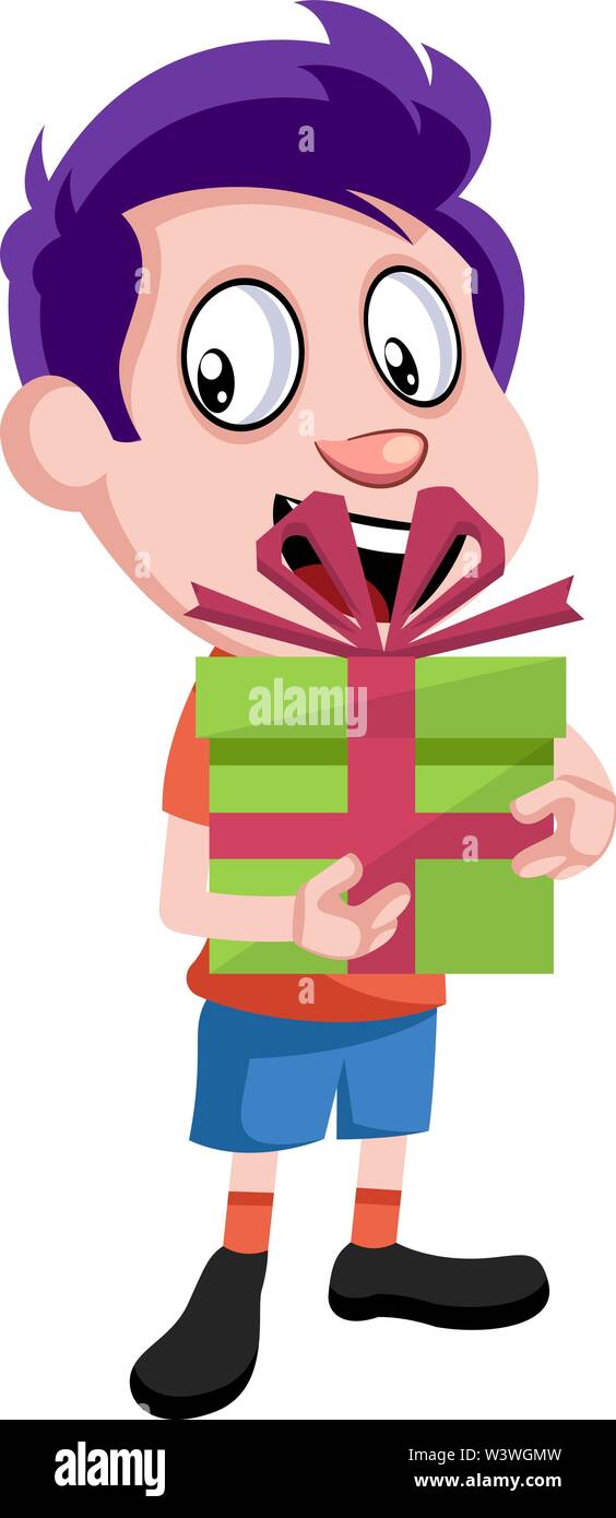 Boy with present, illustration, vector on white background Stock Vector ...