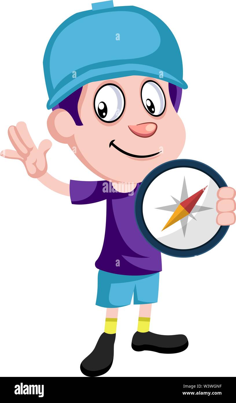 Boy holding compas, illustration, vector on white background Stock ...