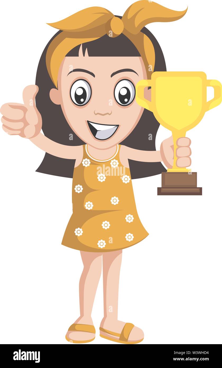 Girl holding trophy, illustration, vector on white background Stock ...