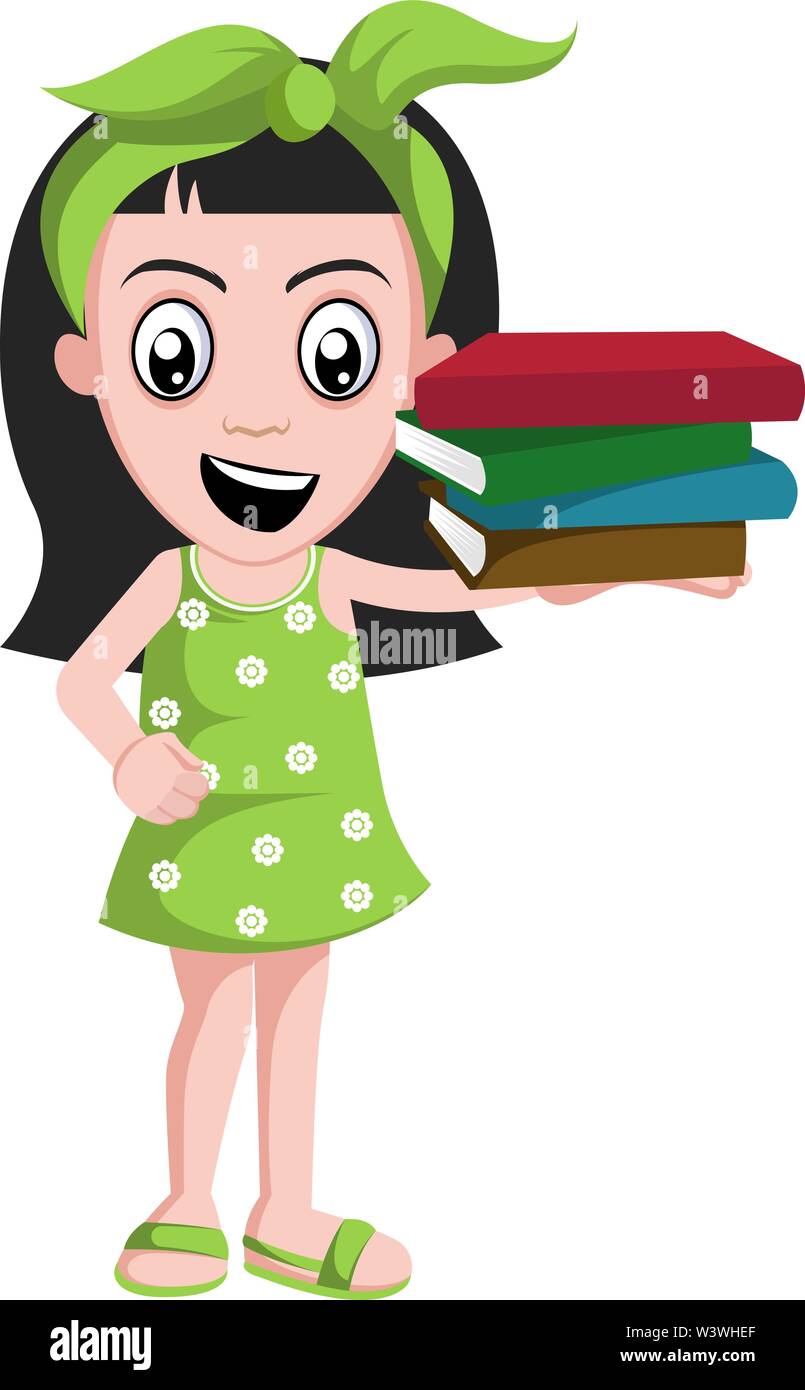 Girl holding books, illustration, vector on white background Stock ...