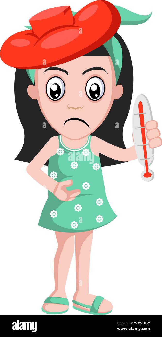Sick girl with thermometer , illustration, vector on white background ...