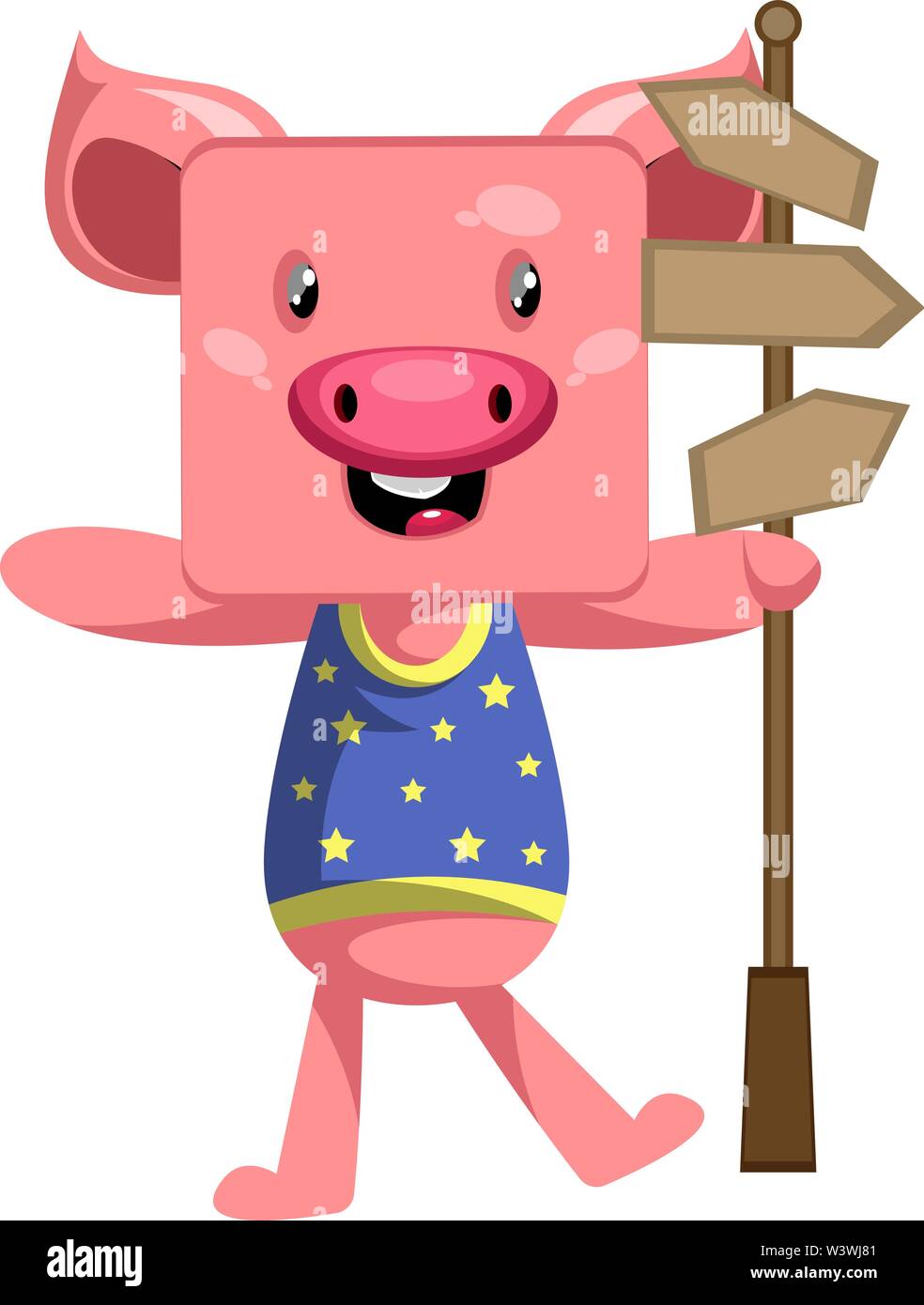 Pig with road sign, illustration, vector on white background Stock ...
