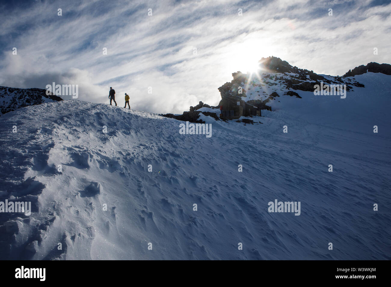 Hikers Walk Along a Ridge in Camp Muir on Mount Rainier Stock Photo - Alamy