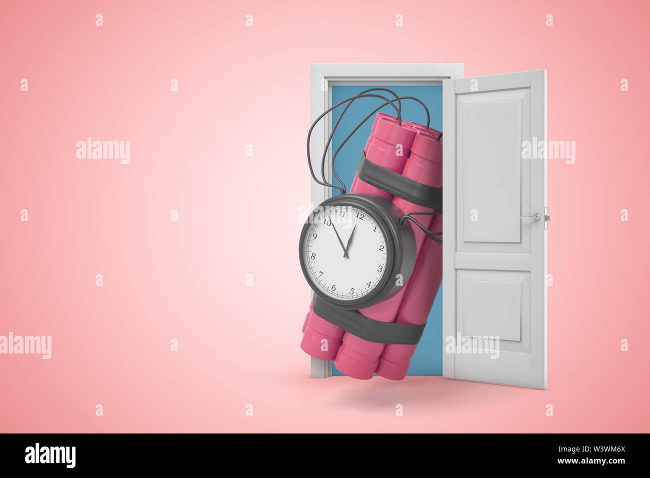 3d rendering of huge pink dynamite bundle with time bomb emerging from ...