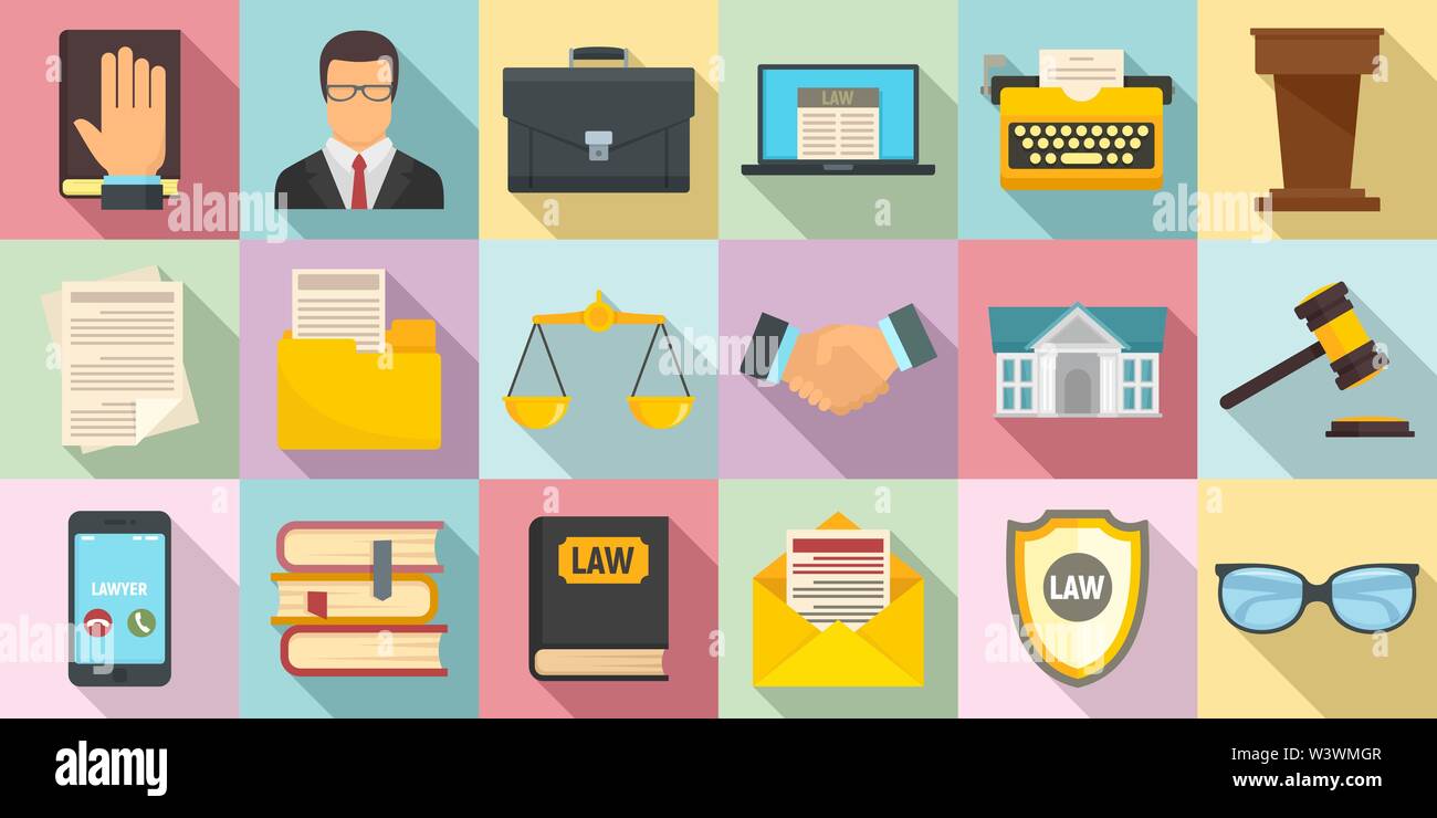 Lawyer icons set. Flat set of lawyer vector icons for web design Stock ...