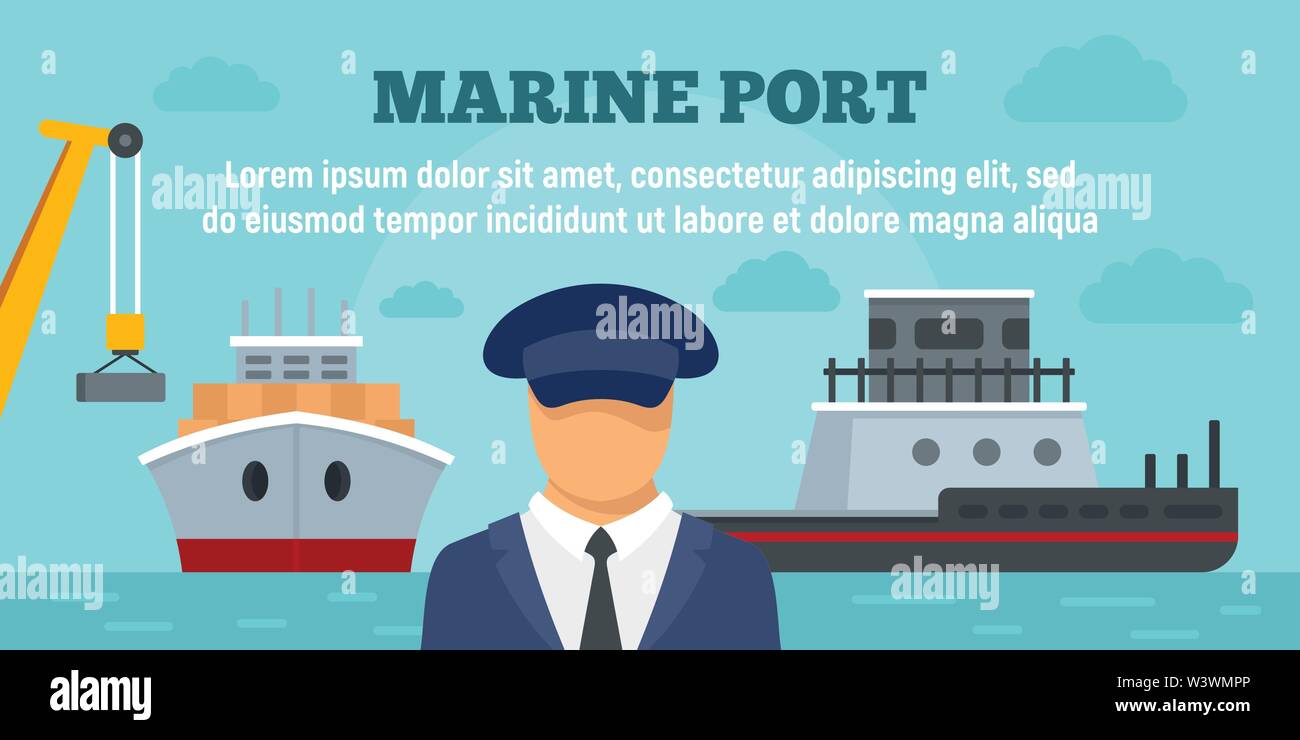Marine port concept banner. Flat illustration of marine port vector ...