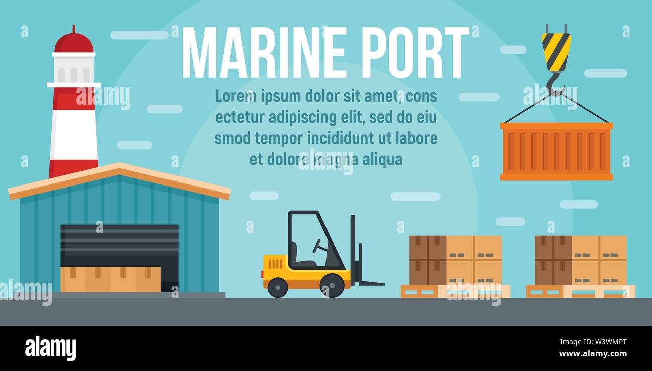 Marine port warehouse concept banner. Flat illustration of marine port ...