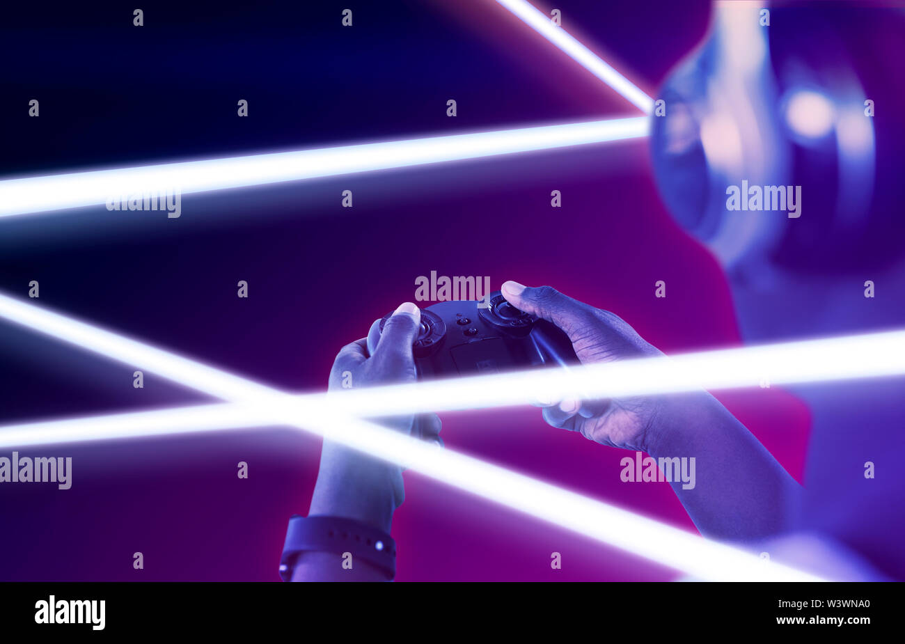 Composite image of man playing video game against white background ...