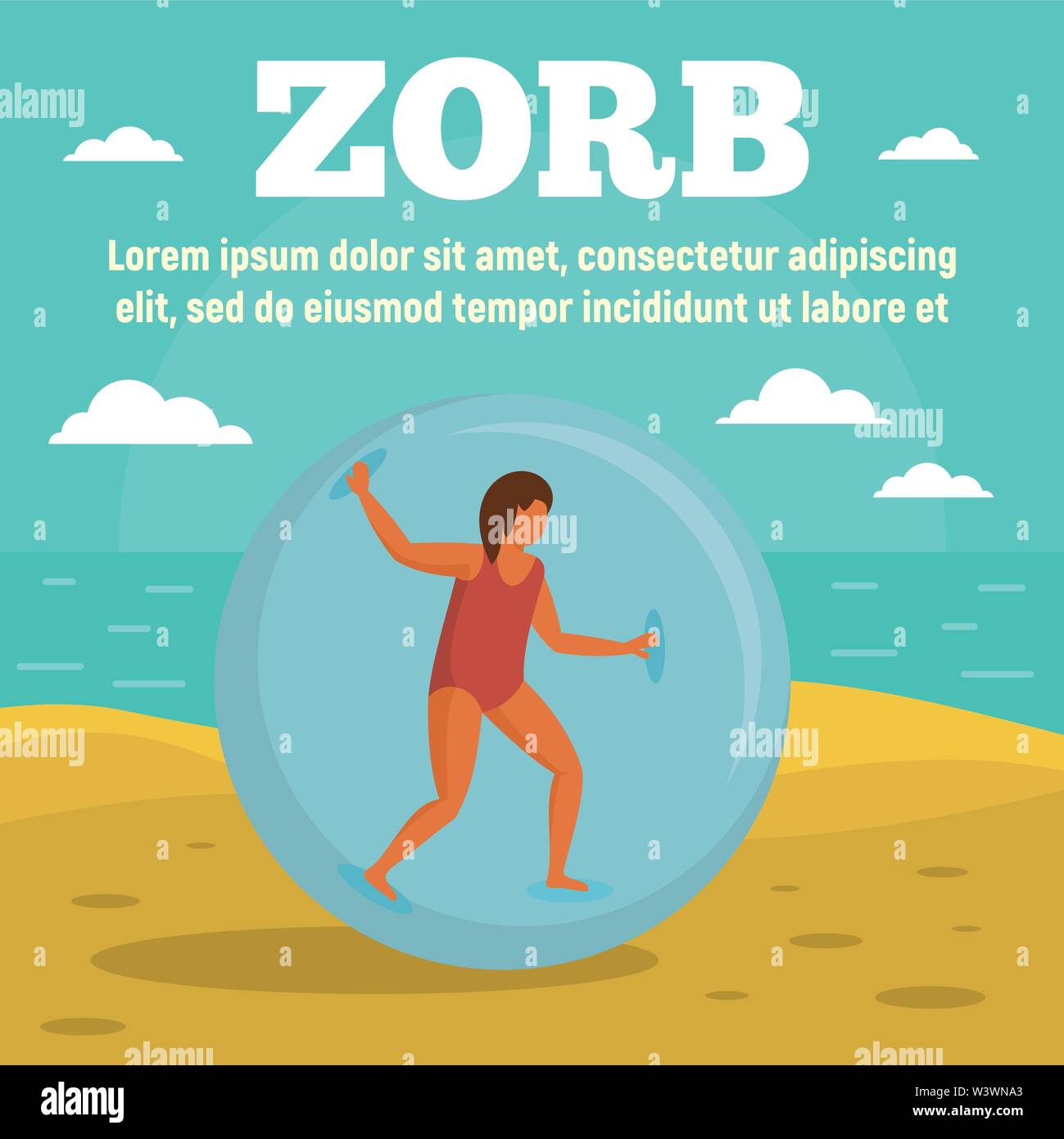 Zorb on beach concept banner. Flat illustration of zorb on beach vector ...