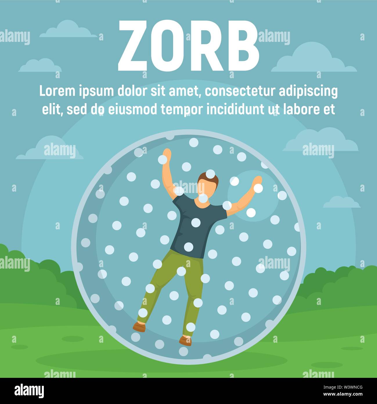 Zorb green field concept banner. Flat illustration of zorb green field ...
