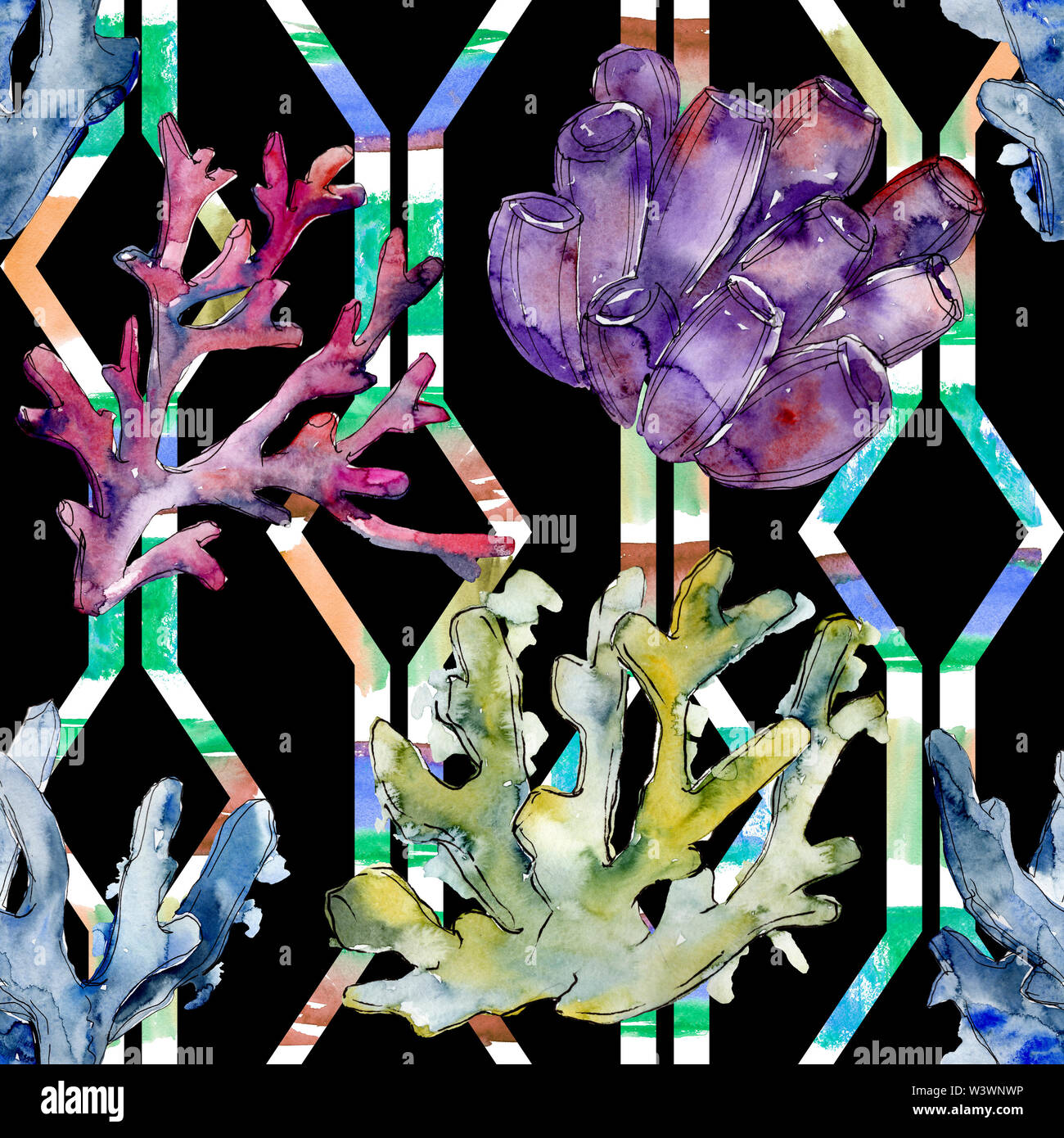 Colorful aquatic underwater nature coral reef. Watercolor background ...