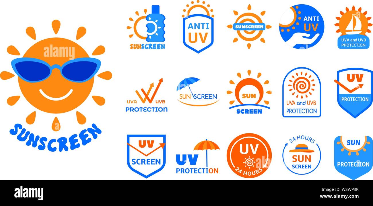 Sunscreen logo set. Flat set of sunscreen vector logo for web design ...