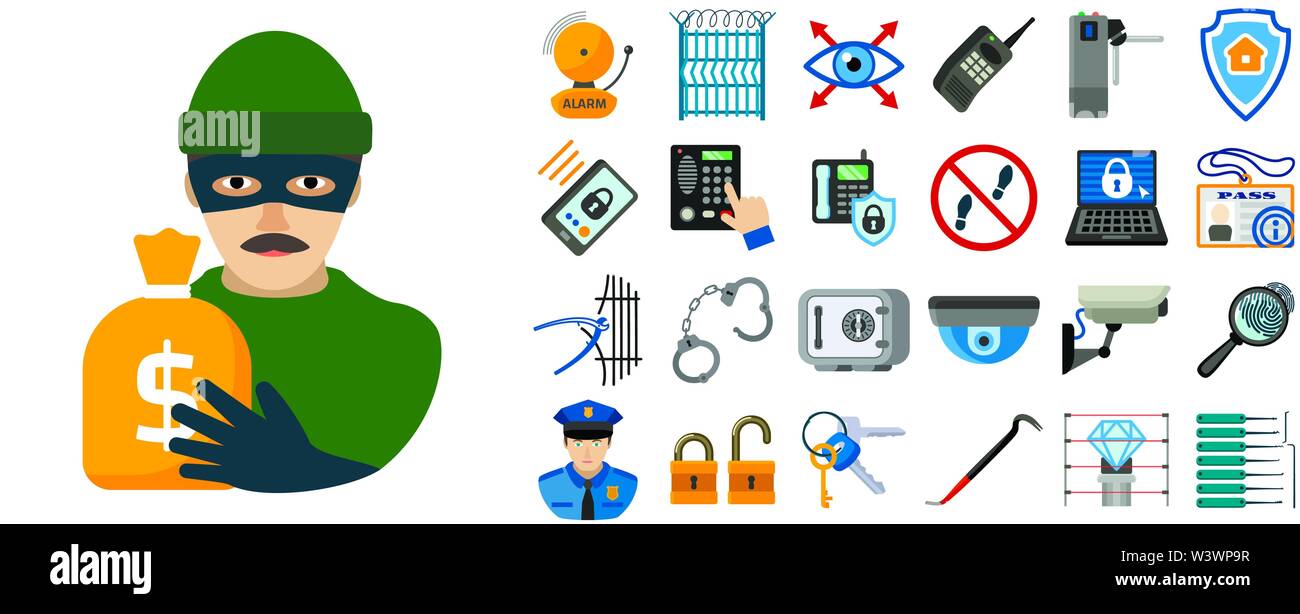 Burglar icons set. Flat set of burglar vector icons for web design ...