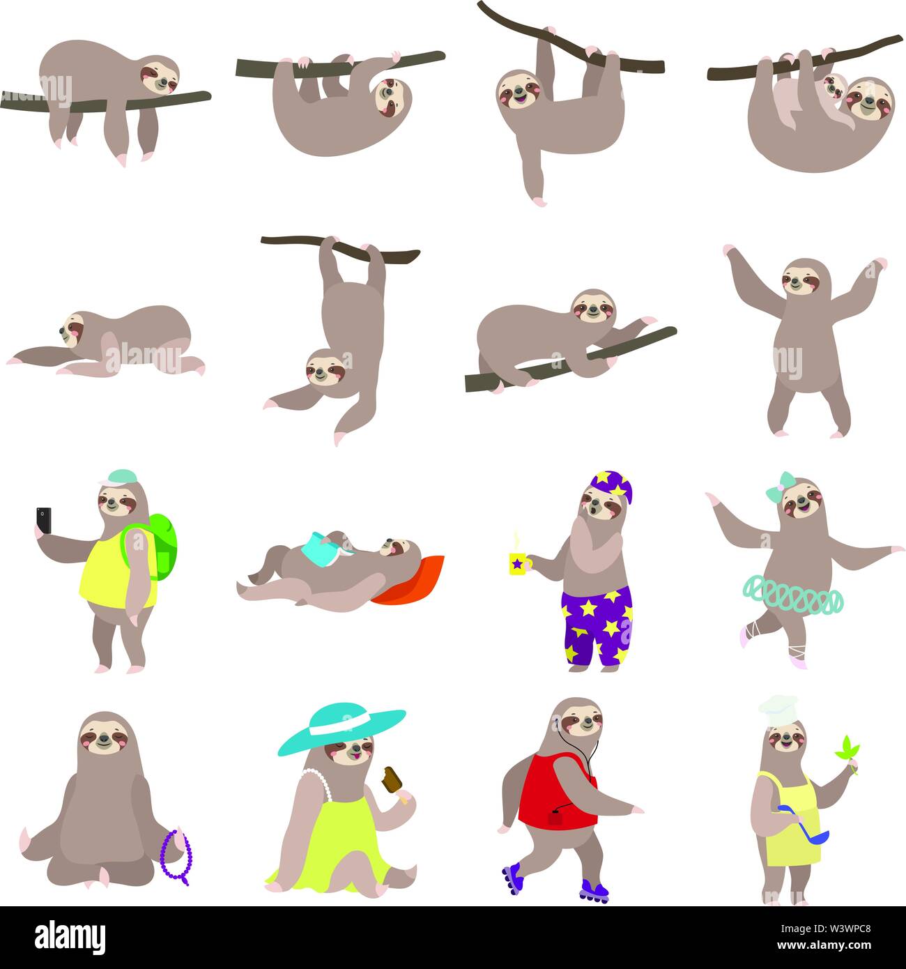 Sloth icons set. Flat set of sloth vector icons for web design Stock ...