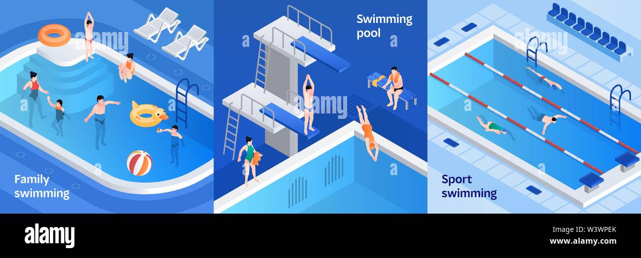 Pool equipment banner set. Isometric set of pool equipment vector ...