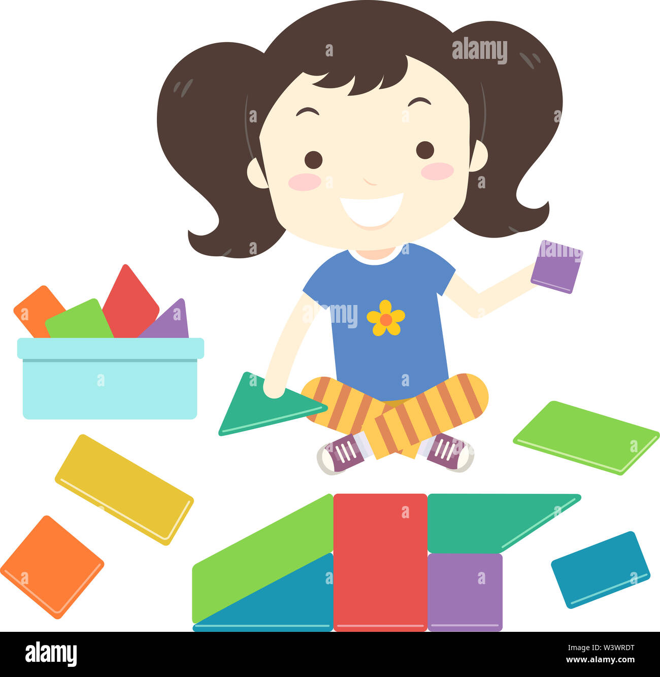 Illustration of a Kid Girl Holding Toy Blocks of Different Geometric ...