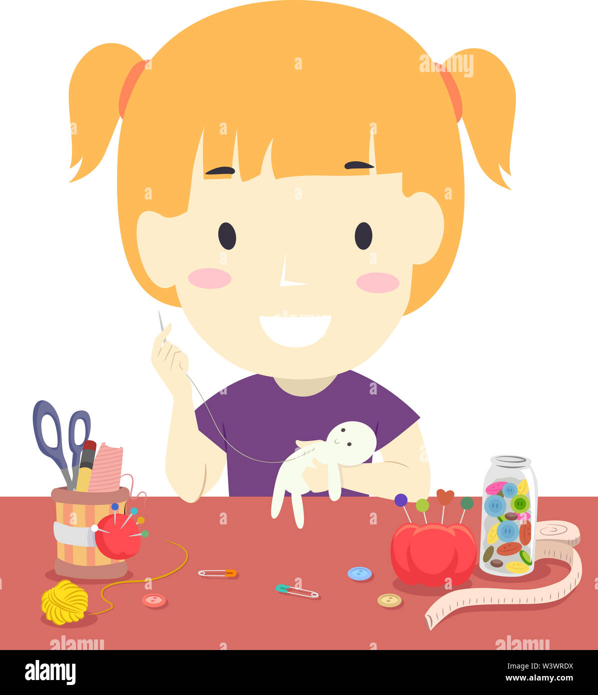 Illustration of a Kid Girl Holding Needles and Sewing a Doll with ...