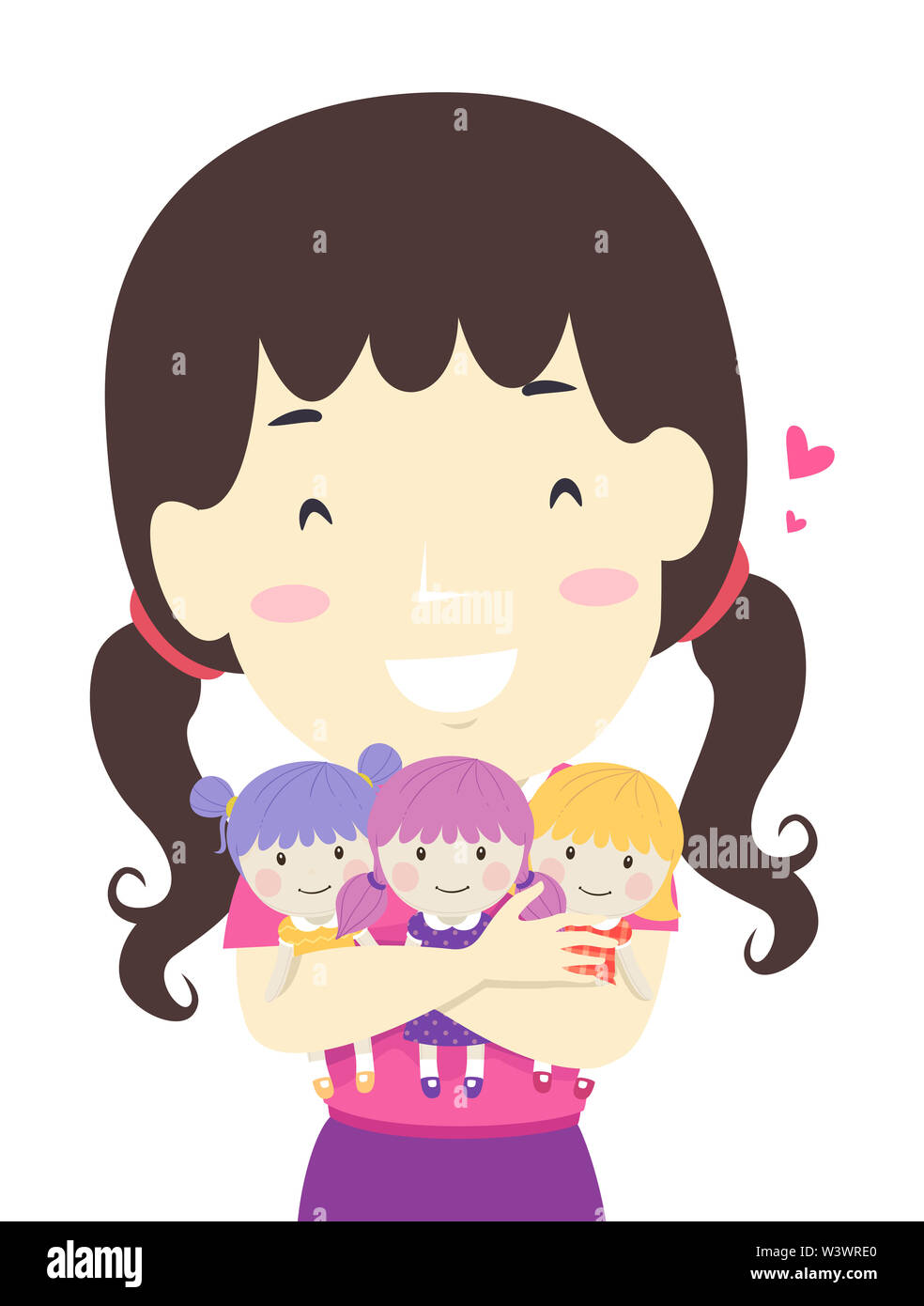 Illustration of a Kid Girl Hugging Three Dolls She Made Stock Photo - Alamy