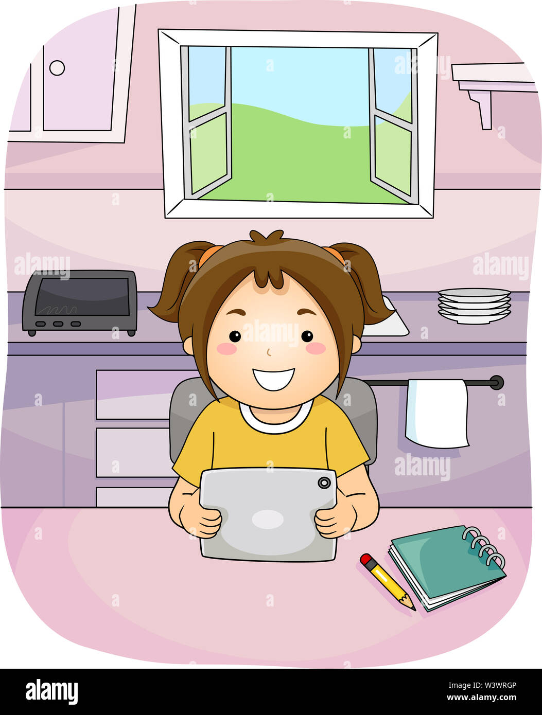 Illustration of a Kid Girl Student Using Tablet Computer and Studying ...