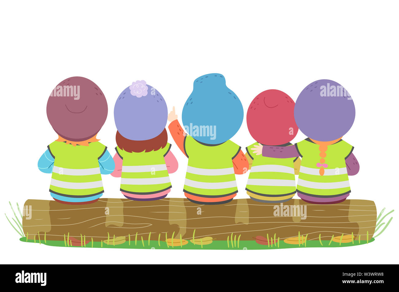 Illustration of the Back of Kids Sitting Down on a Log Bench with One ...