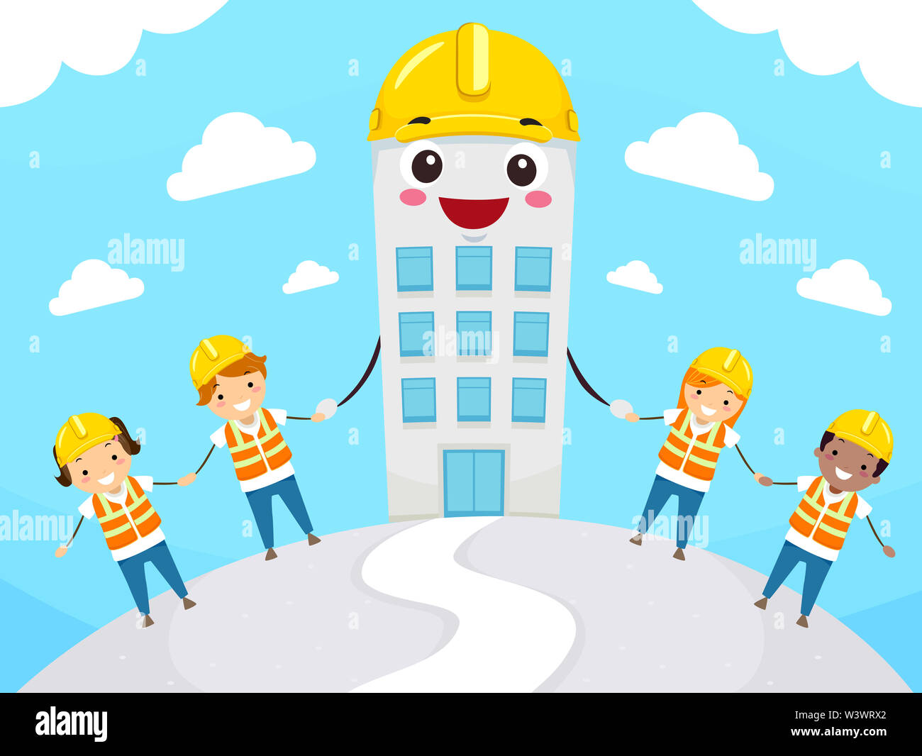 Illustration of Stickman Kids Wearing Yellow Construction Hard Hat and ...