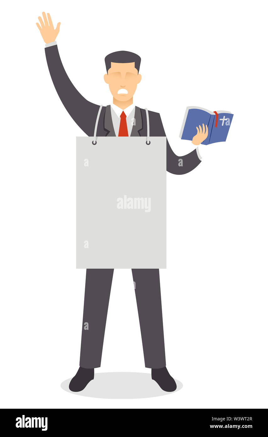 Illustration of a Man Holding a Bible with Hand Up and Wearing a Blank ...